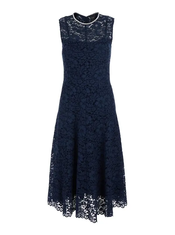 LEPLAIN Long Sleeve Round Neck Lace Detail Cotton Blend Flared Hem Dress