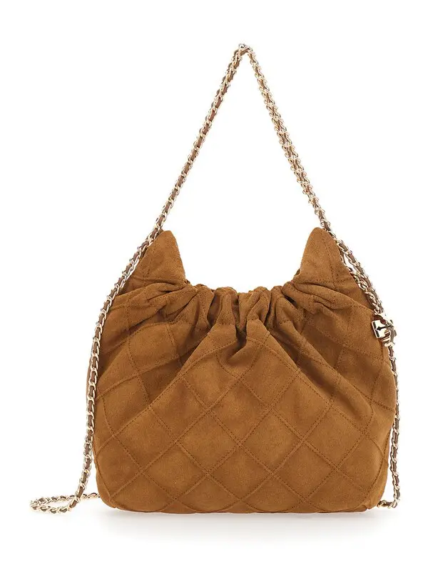 Tory Burch Fleming Mini Suede Shoulder Handbag With Chain Strap And Logo Pendant - Brown