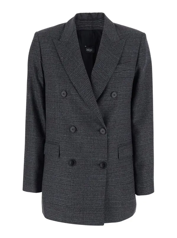 LEPLAIN Double-breasted Wool-blend Blazer Jacket With Peak Revers And All-over Check Motif