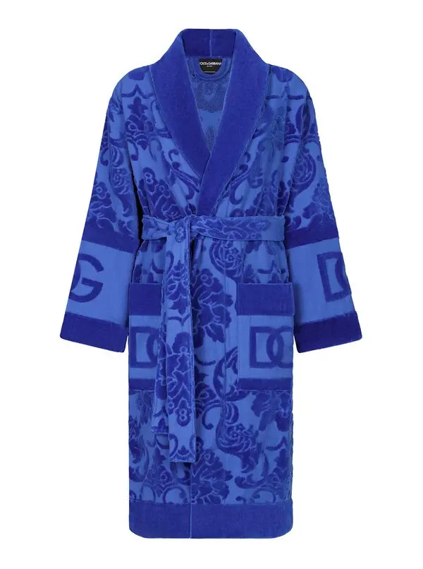 DOLCE & GABBANA CASA Embossed Logo Cotton Terry Bathrobe With Belt And Side Pockets - Blu
