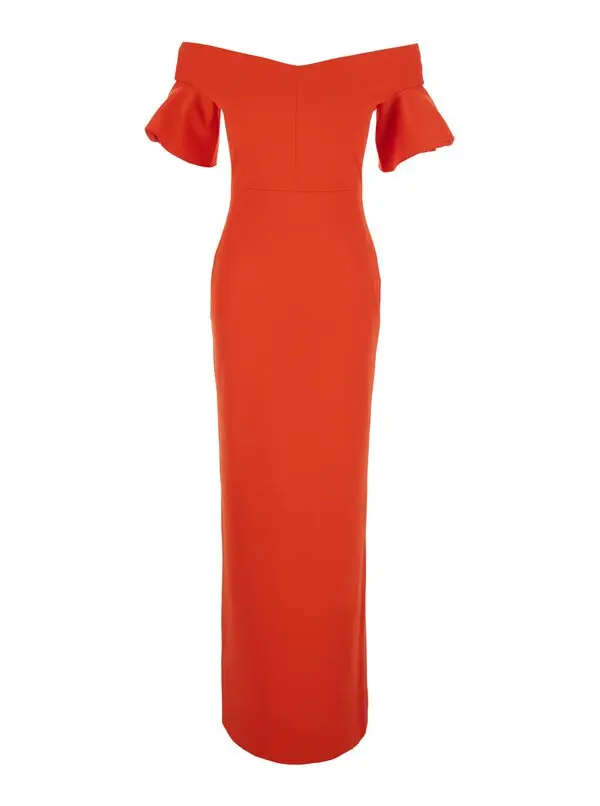 Solace London Off-shoulder Tech Fabric Long Dress With Hidden Back Zip Closure
