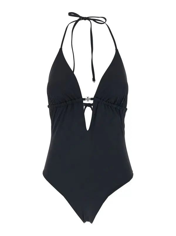Tory Burch Tech Fabric One-piece Swimsuit With Front Logo Plate And Knot Closure