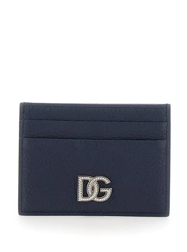 DOLCE E GABBANA Blue Grained Leather Card Holder With Logo, Compact Mini Wallet For