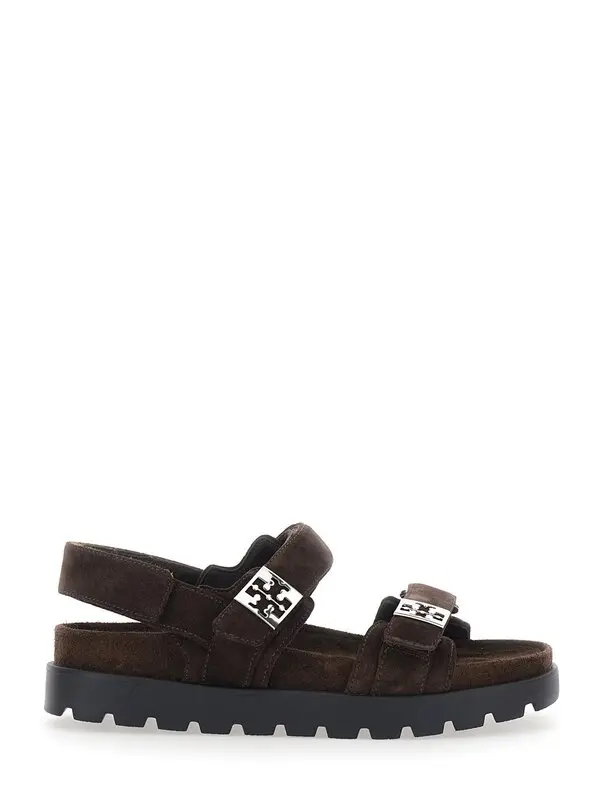 Tory Burch Suede Sandals With Adjustable Straps And Logo Plates