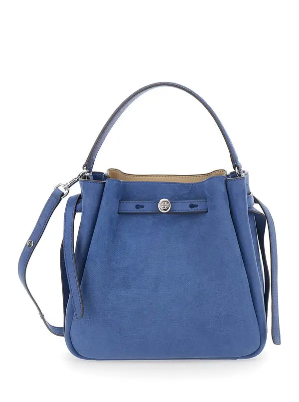 Tory Burch Romy Leather Handbag With Adjustable & Removable Shoulder Strap, Drawstring Closure And Magnetic Front Strap, 22x21.5x9.5 Cm
