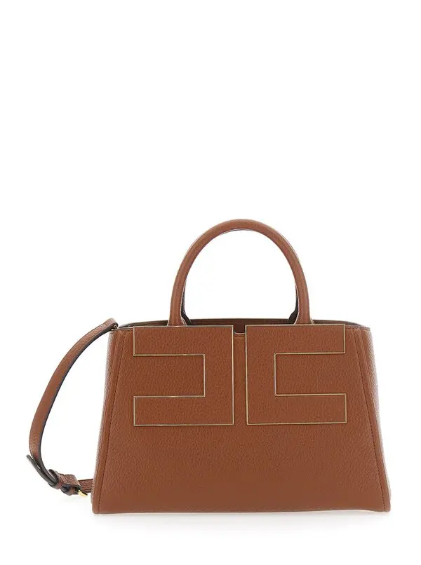 Elisabetta Franchi Ecoleather Handbag With Front Logo, Two Top Handles & Adjustable Removable Strap 30x18.5x12.5 Cm