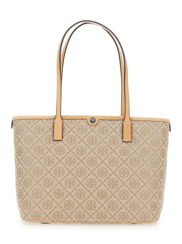 Tory Burch Small Tote Handbag Handbag With All-over Logo Monogram And Top Zip Closure In Canvas For - Beige