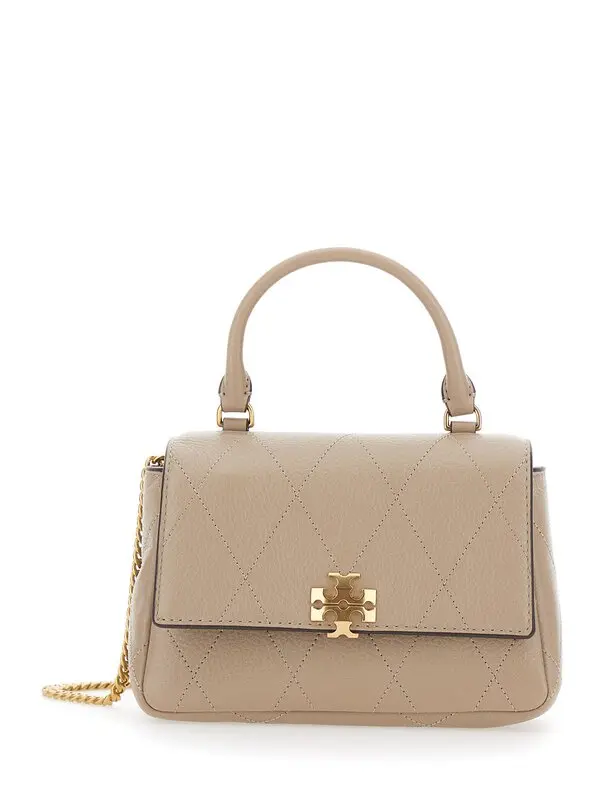 Tory Burch Quilted Leather Charlie Mini Handbag With Chain Strap And Logo Plate - Beige