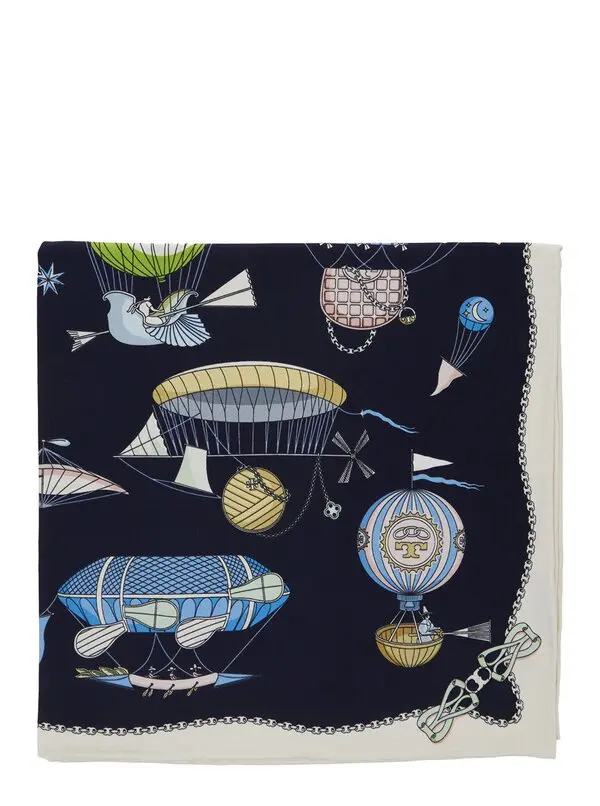 Tory Burch Hot Air Balloon Silk Neckerchief Scarf, 90 X 90 Cm Square Design - Blu