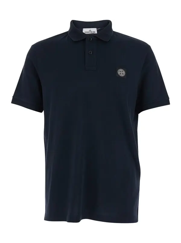 Stone Island Stretch Cotton Blue Polo Shirt With Classic Collar And Logo Patch - Blu