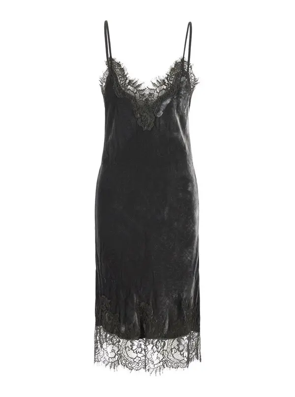 Gold Hawk Velvet Lace-trim Spaghetti Strap Dress For