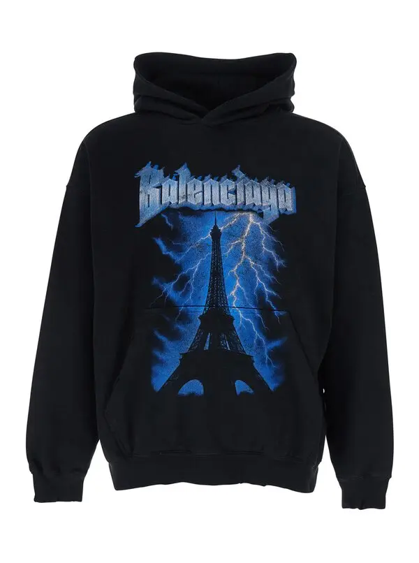 Balenciaga Cotton Hoodie With Fixed Hood And Maxi Logo Front Print - Black