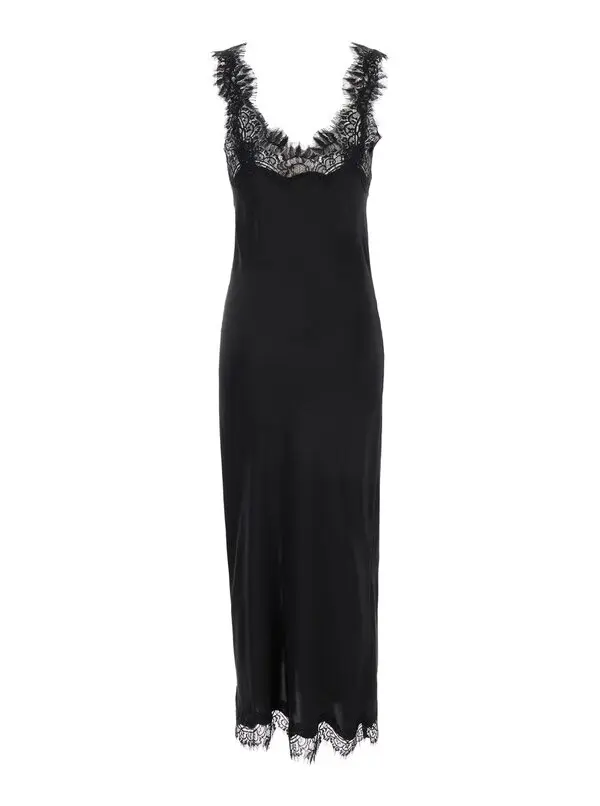 Gold Hawk Long Silk Slip Dress With Tone-on-tone Lace Trimmings And Front Slit
