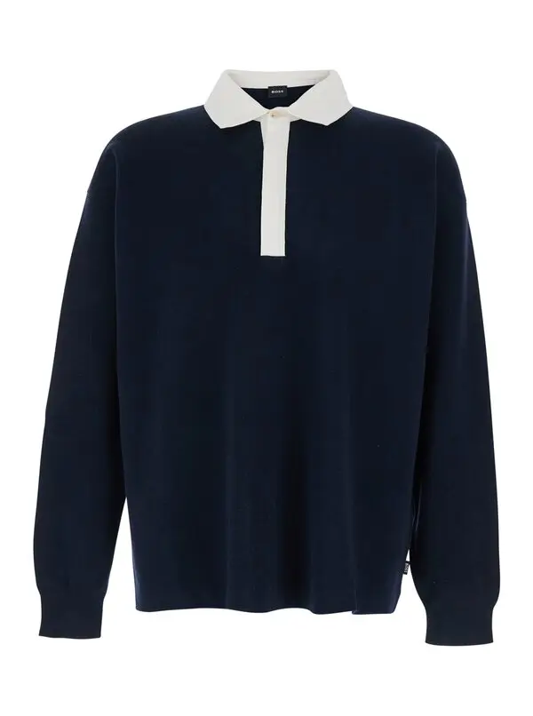 Hugo Boss Cotton And Virgin Wool Blend Polo-collar Sweater With Button Placket