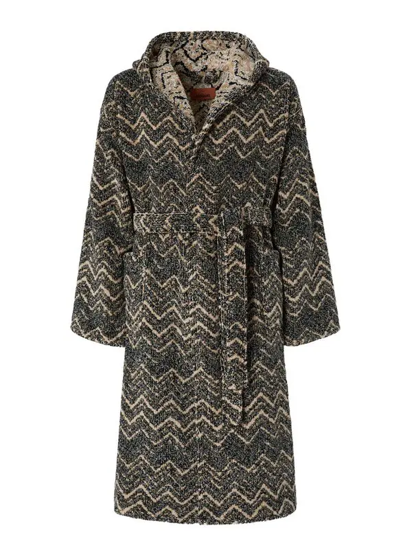 Missoni Hooded Cotton Terry Bathrobe With Zig-zag Motif And Belt - Multicolor