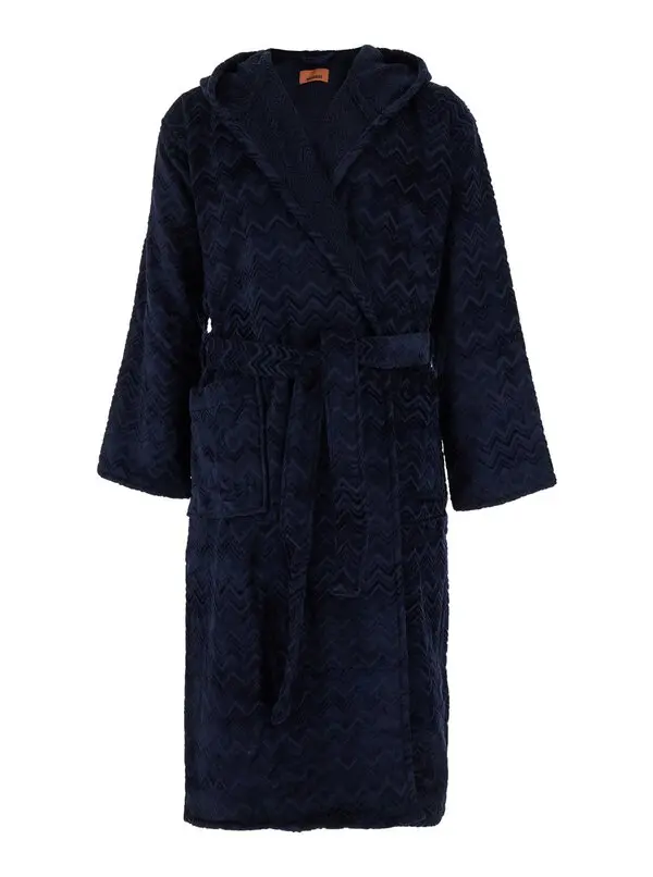 Missoni Cotton Bathrobe With Zigzag Motif And Waist Belt - Blu