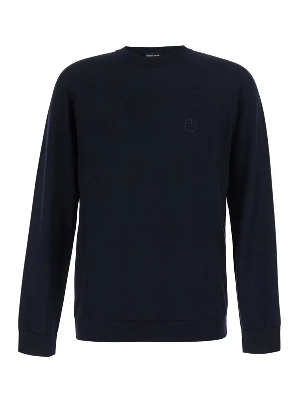 Giorgio Armani S Wool Crewneck Sweater With Front Logo Embroidery - Blu