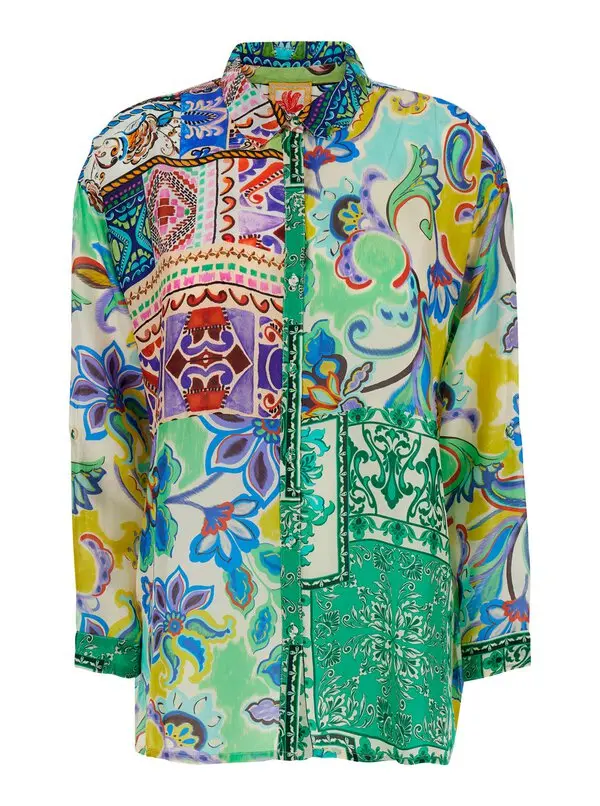 Johnny Was Audery Tunic Silk Shirt With All-over Floral Motif - Multicolor