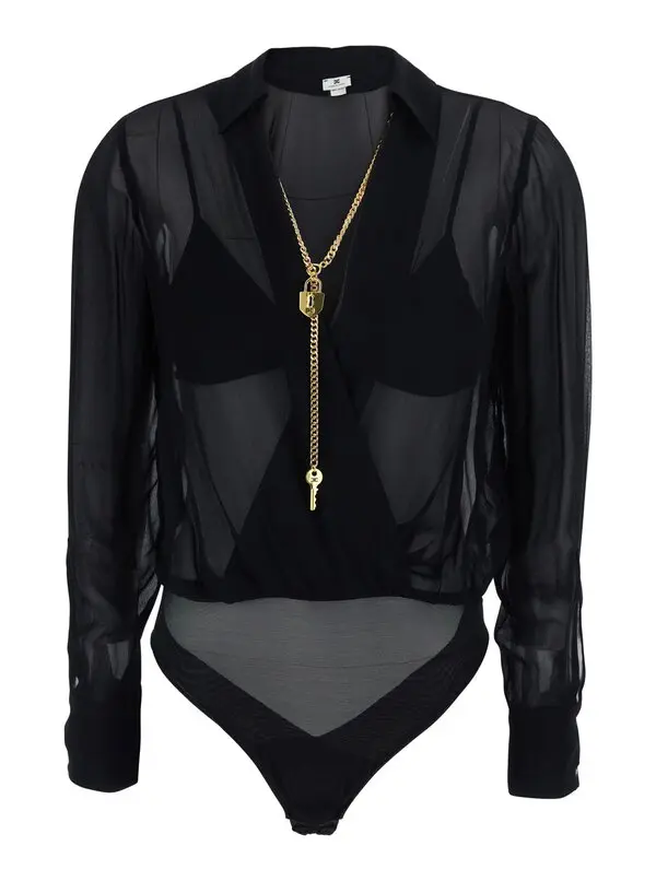 Elisabetta Franchi Deep V-neck Chain-detail Bodysuit With Semi-transparent Wrap