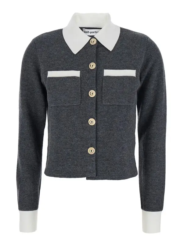 SELF-PORTRAIT Inspired Wool-blend Cropped Cardigan With Contrasting Classic Collar