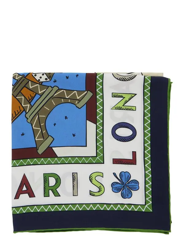 Longchamp 90x90 Cm Square Silk Scarf With Multicolor Print And Lettering For - Blu