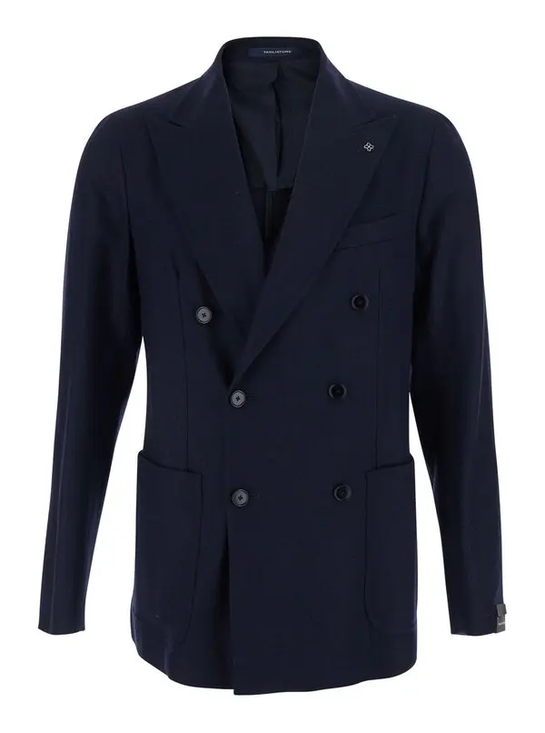 Tagliatore Double-breasted Wool-blend Jacket With Peak Lapels And Welt Pockets - Blu