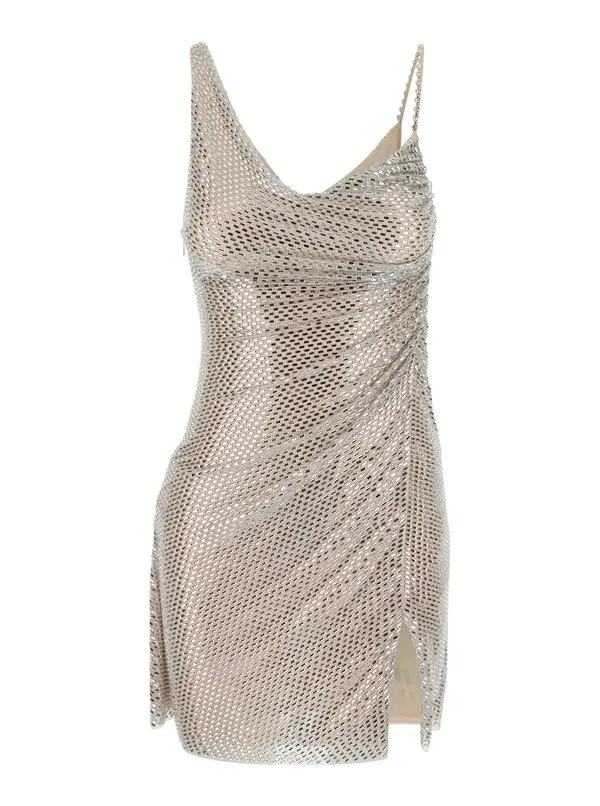 SELF-PORTRAIT Mini Dress Sleeveless Rhinestone Draped Slit Tech Fabric - Metallic