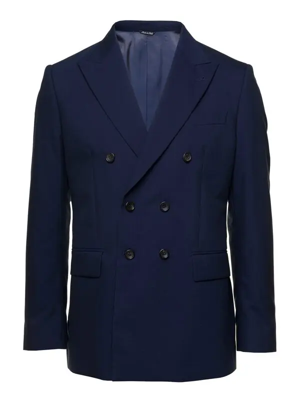 REVERES 1949 Double-breasted Wool & Cashmere Blazer With Peak Revers And Shoulder Pads - Blu