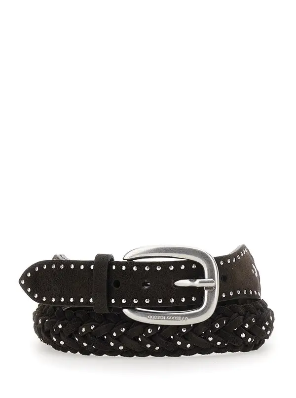 GOLDEN GOOSE Braid Houston Suede Belt With Micro Studs And Classic Closure - Brown
