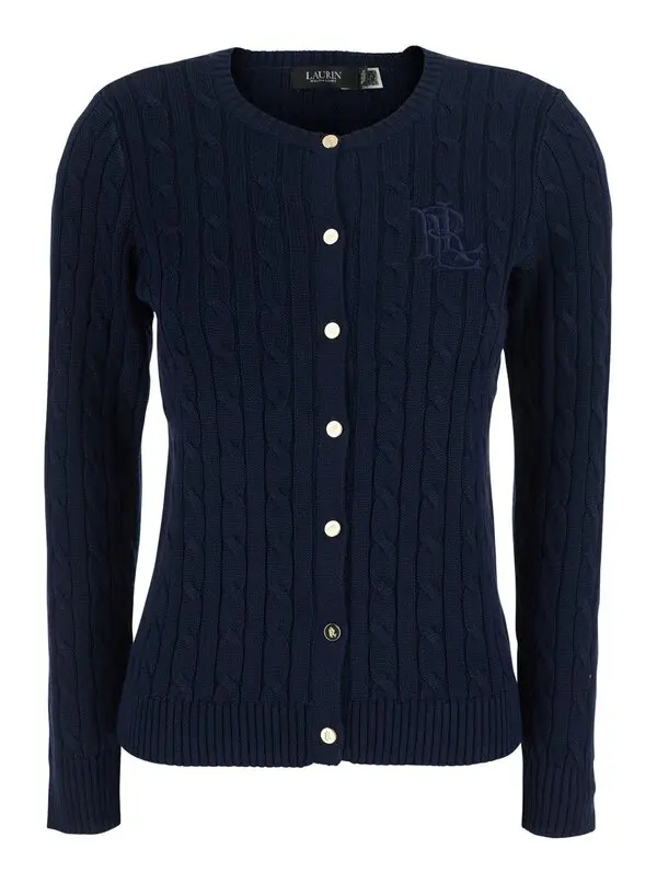 Ralph Lauren Logo Cable-knit Crew Neck Cardigan In Cotton Blend For - Blu