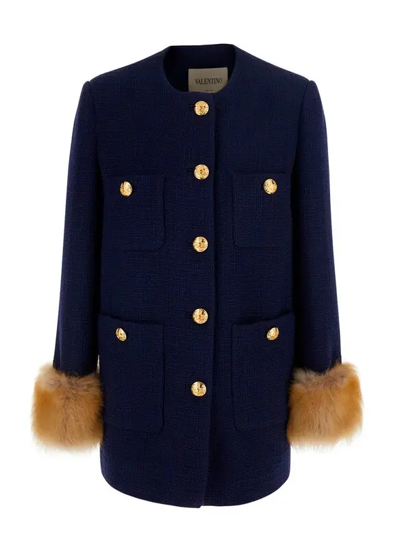 Valentino Garavani Inspired Jewel Button Wool Jacket With Vlogo And Fur Cuffs