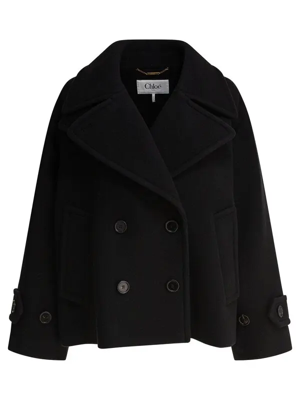 Chloé Style Oversized Double-breasted Short Wool Jacket With Engraved Horn Buttons