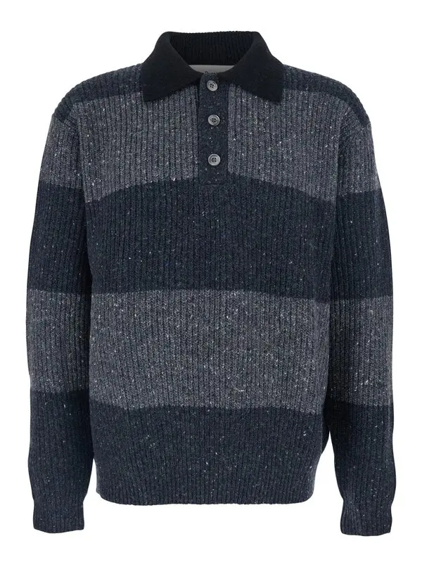 DUNST Wool Blend Striped Ribbed Long-sleeve Polo Shirt With Classic Collar