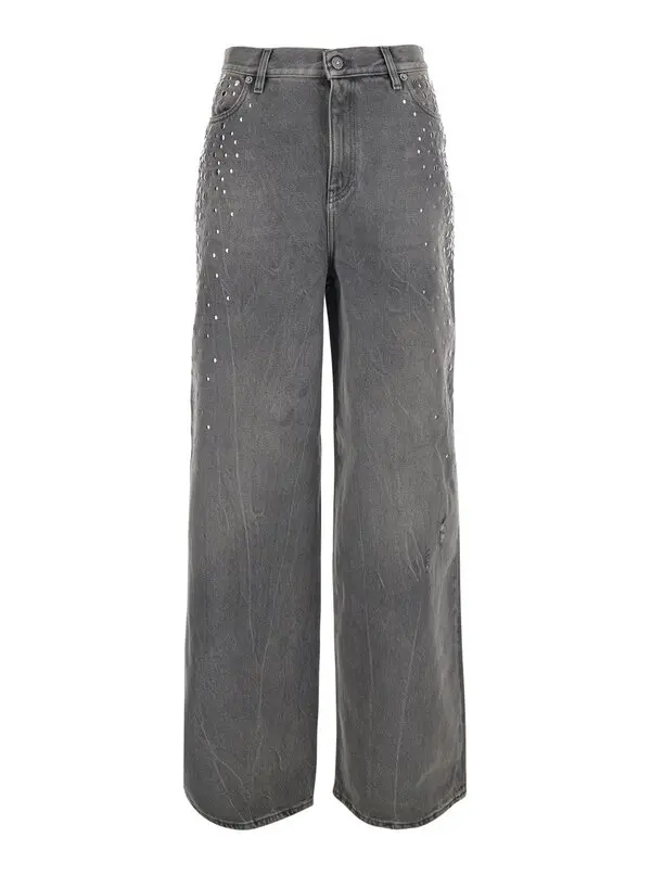 GOLDEN GOOSE Denim Jeans With Stud Details And Back Logo Patch, Five-pocket Relaxed Straight-hem Fit - Grey