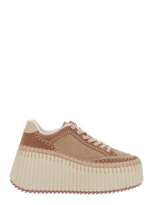 Chloé Inspired Suede-trim Leather Sneaker With Front Laces And Rubber Sole