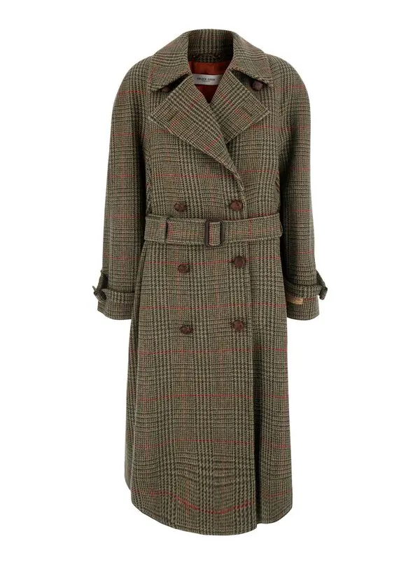 GOLDEN GOOSE Inspired Wool Double-breasted Jacket With Belt And Prince Of Wales Motif - Brown
