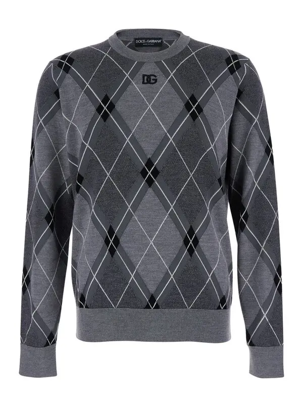 DOLCE E GABBANA Crewneck Sweater With Front Logo And All-over Diamond Pattern In Wool Blend