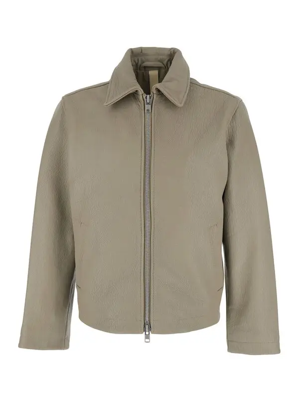 SUNFLOWER Leather Crop Jacket With Classic Collar & Dropped Shoulders