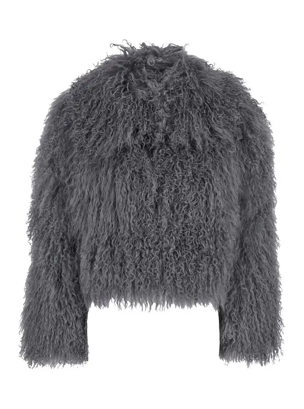 LEPLAIN Tibetan Fur Mini Short Jacket With Wide Collar