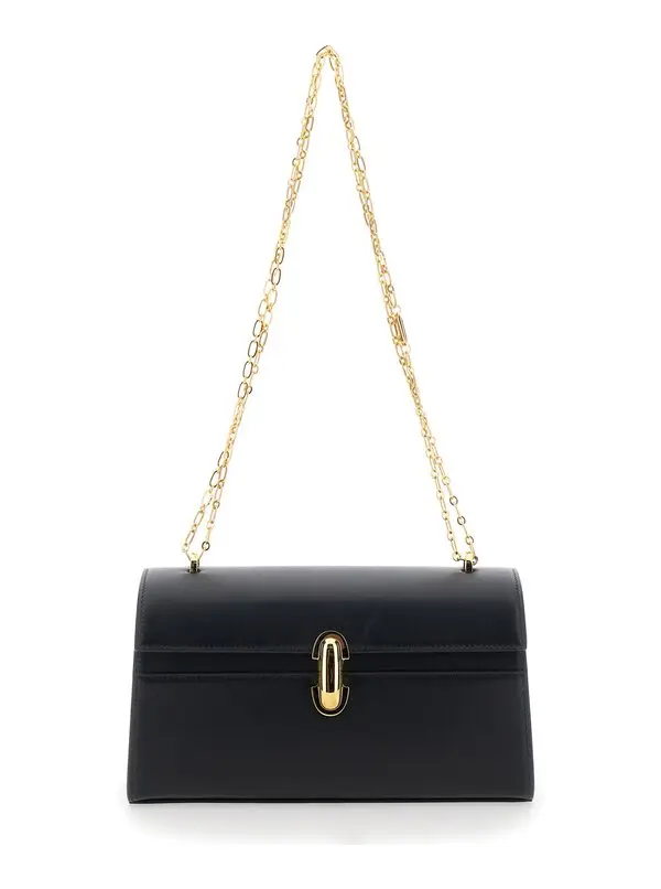 Savette Chain Symmetry Leather Shoulder Handbag With Smooth Chain Detail, Front Zip And Adjustable Straps, 25 X 15 X 7 Cm - Black