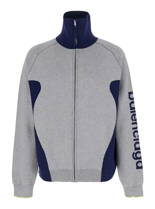 Balenciaga Contrast High-collar Cotton Zip Cardigan With Logo Sleeve - Grey