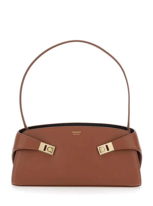 FERRAGAMO Hug East West Leather Shoulder Handbag With Shoulder Strap And Front Hook Straps, 32x14.5x9.5 Cm