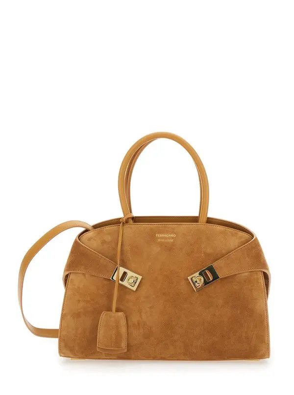 FERRAGAMO Hug Small Suede Handbag With Gancini Hook Buckles - Beige