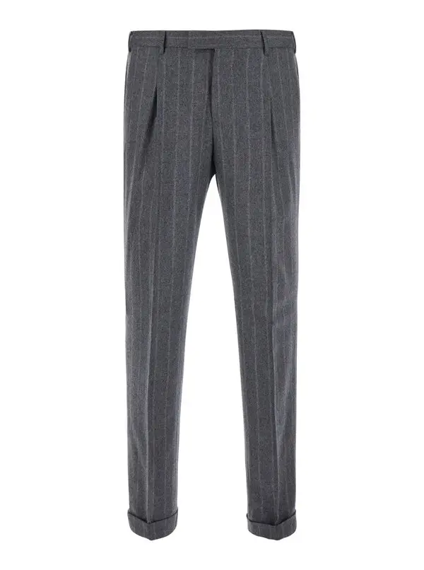 PT TORINO Slim-fit Wool-blend Pants With Front Pleats, All-over Stripe Motif And Cuffed Hem - Grey