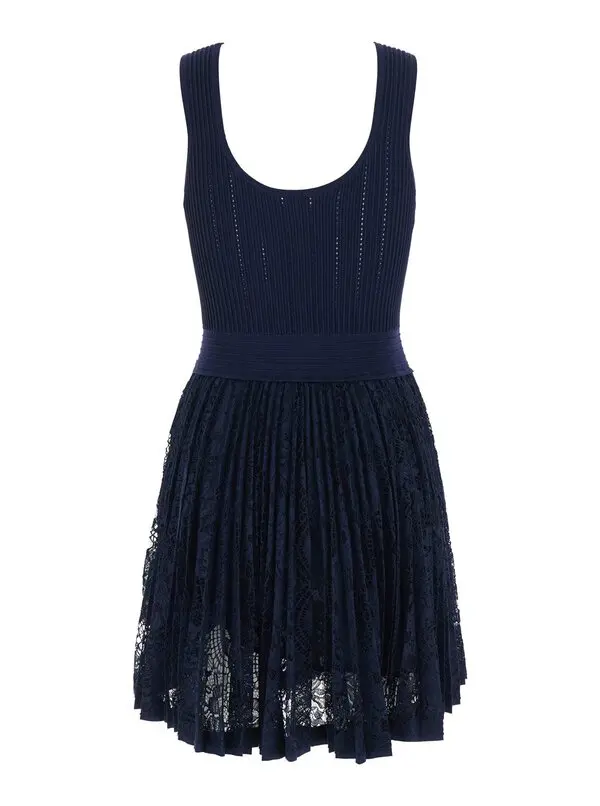 Simkhai U-neck Sleeveless Mini Dress With Elastic Waist And Lace-trim Skirt In Tech Fabric - Blu