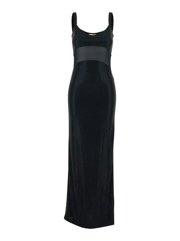 TWENTY FOURHAITCH Long Rhinestone Tech Fabric Dress With Thin Straps And Straight Hem
