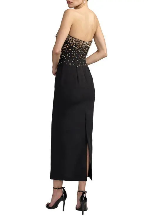 Mac Duggal Beaded Strapless Crepe Midi Dress