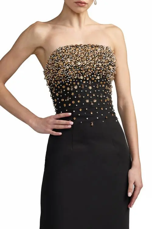 Mac Duggal Beaded Strapless Crepe Midi Dress