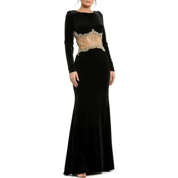Mac Duggal Long Sleeve Sheer Embellished Velvet Gown - Black