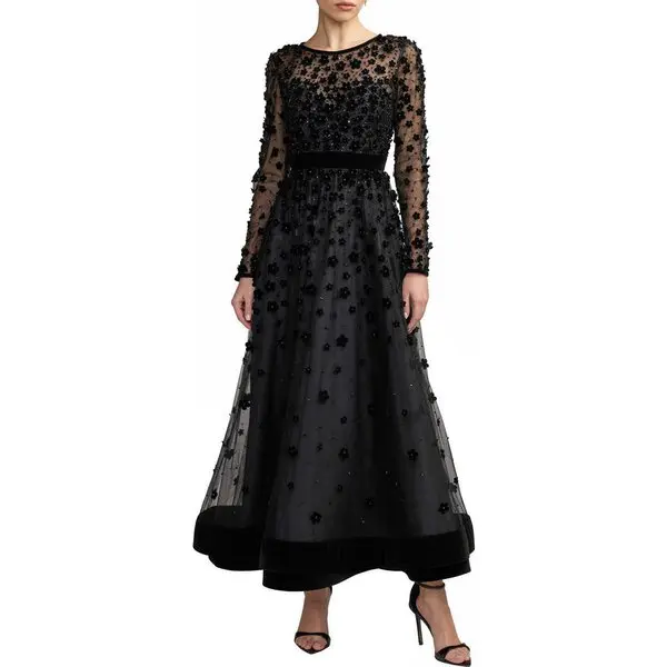 Mac Duggal Petite Floral Applique Beaded Tulle Evening Gown - Black